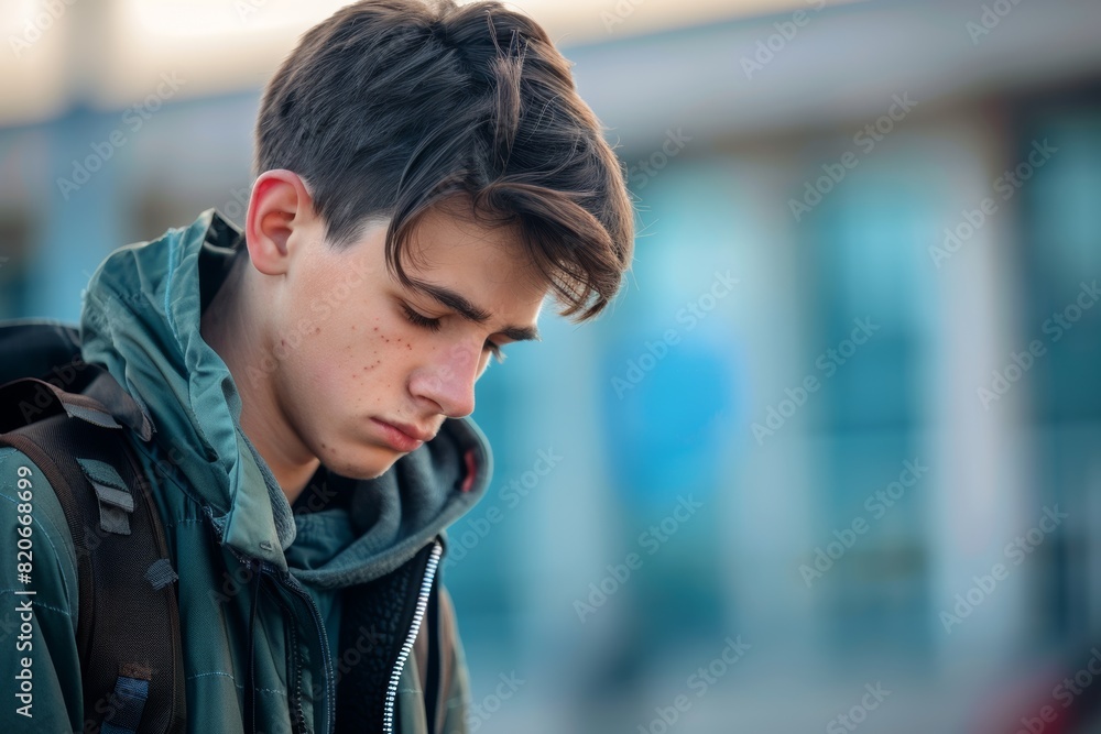 One sad boy teenager outdoor looking down for stress or depression ...