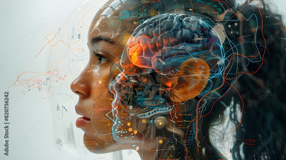 Futuristic robot brain, modern android cyborg with data mechanism network wire. 3D digital ...