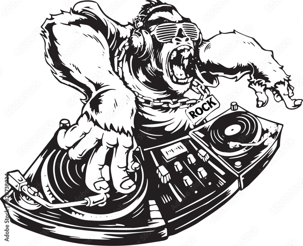 black and white illustration of a monkey enjoy dj silhouette vector ...