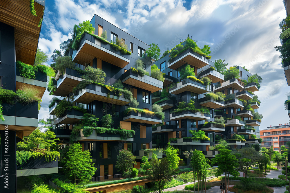 Modern new twobuildings with balconies and green plants on the terraces ...