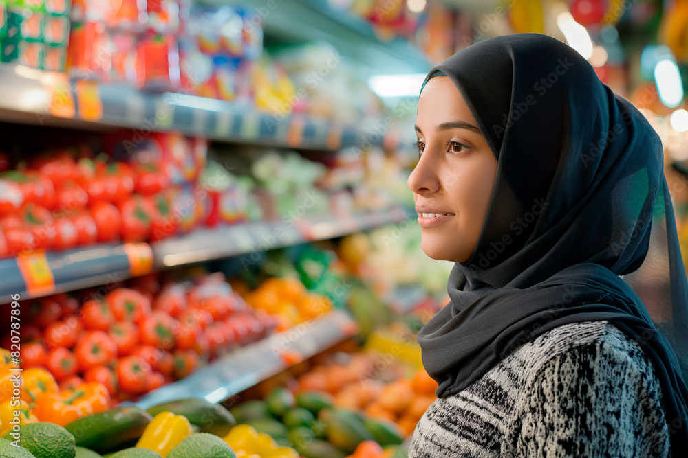 Young Middle Eastern woman shopping for fresh produce at a grocery ...