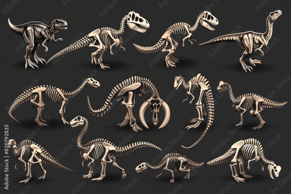 Various types of dinosaur skeletons for educational purposes Stock ...