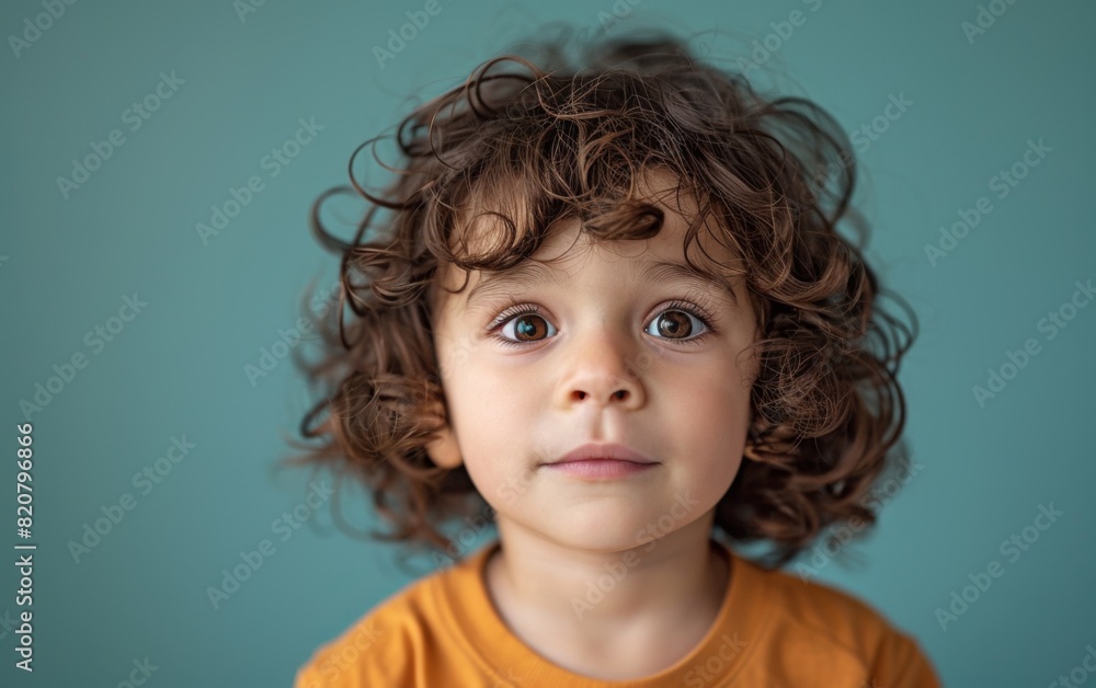 A close-up view showing a child with curly hair, of Middle Eastern ...