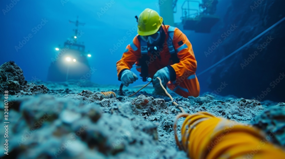Fiber optic cables being laid across the ocean bed with an engineer ...