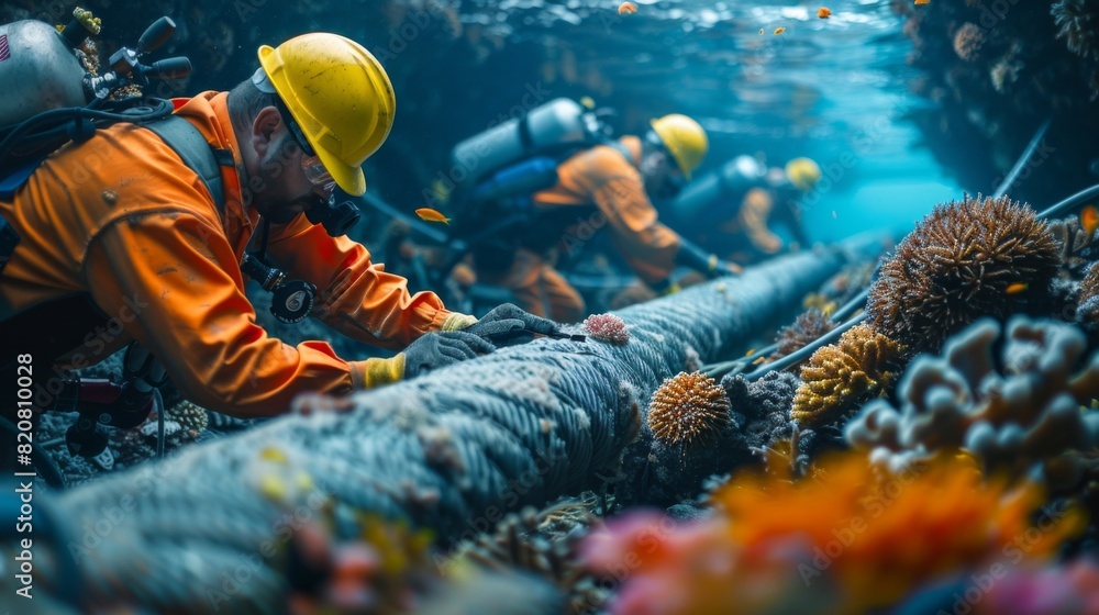 engineers working on underwater cable installation, overlaid with ...