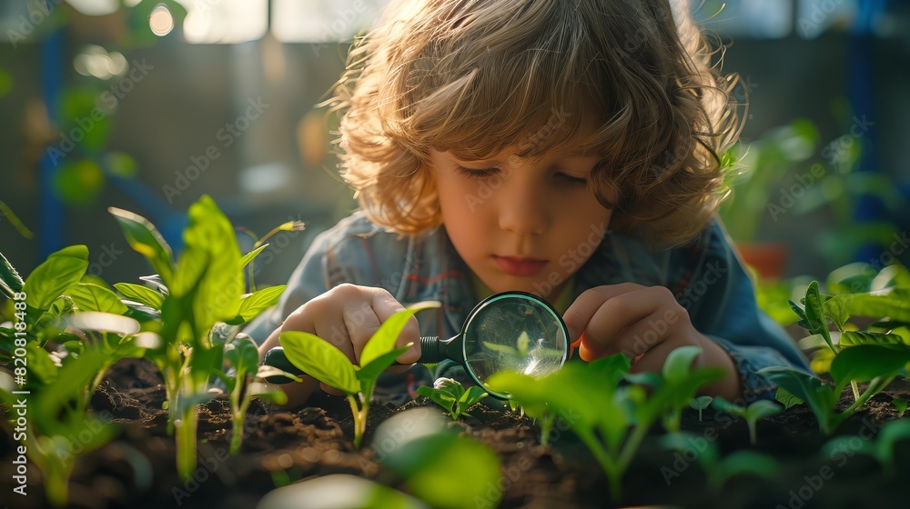 A young child using a magnifying glass to study plant growth in science ...