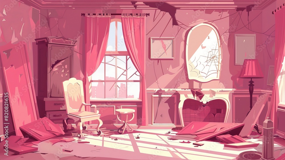 The abandoned princess bedroom room has a messy interior background. A ...