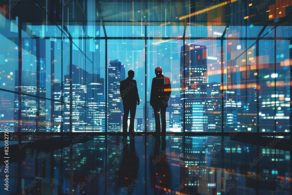 Silhouettes of two business people looking out of a high rise office ...