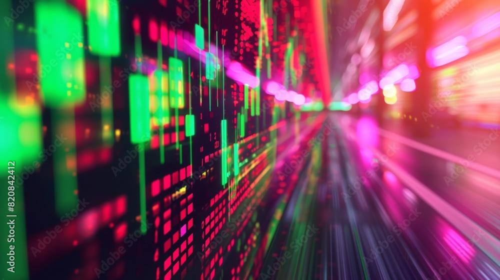 A digital art of a screen, displaying fast-paced stock market prices ...