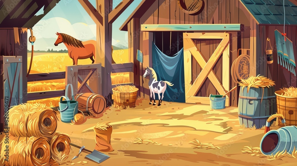 Modern cartoon illustration of farm animals inside wooden barn ...