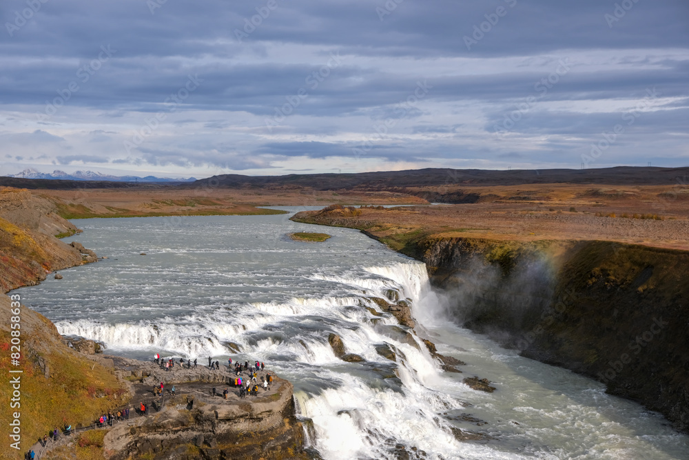 Panoramic view on Gullfoss waterfall on the Hvíta river, a popular ...