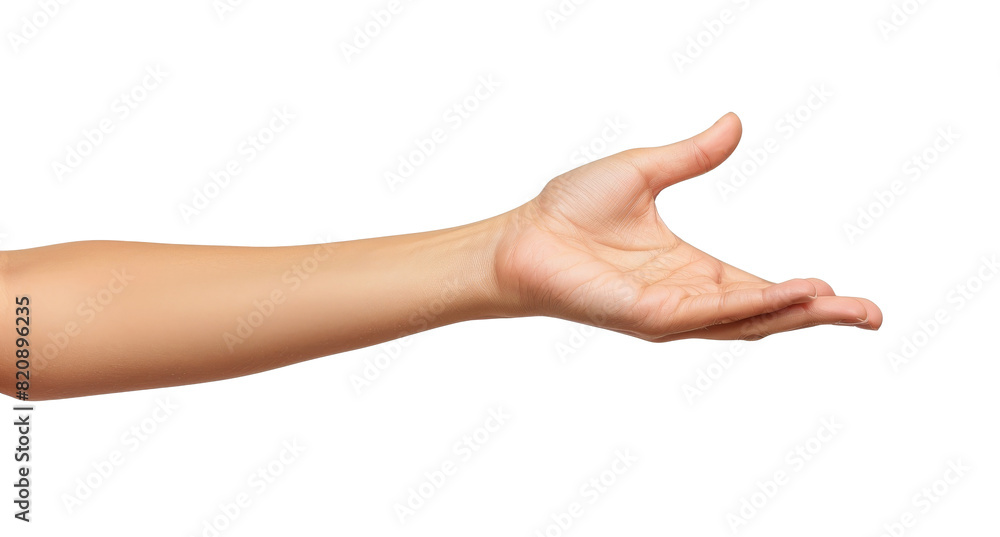 Outstretched arm of a young woman making a gesture of giving, demanding ...