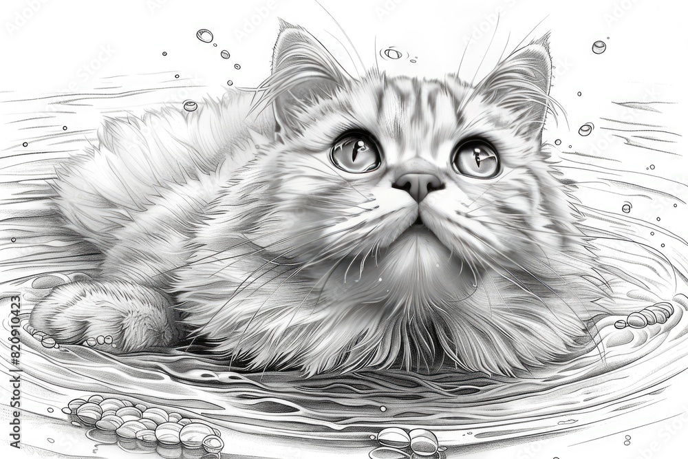 Cat smiling, funny, cat plays in a puddle in summer. Animals coloring ...