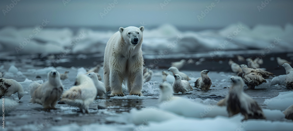 Polar bear, ice bear on an arctic shore, surrounded by melting icebergs, floes and arctic ...