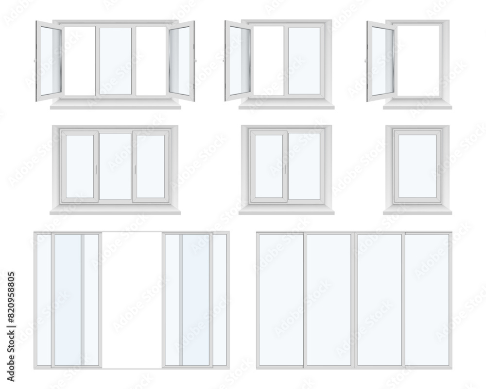 Panoramic window frames, isolated plastic panes with clear glass ...