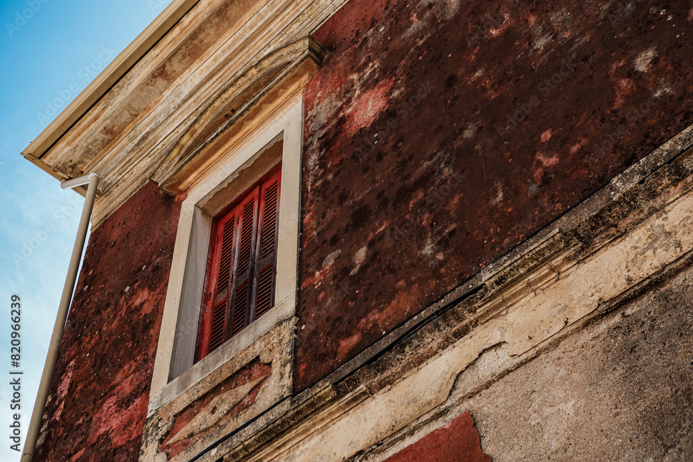 traditional greek architecture, wooden window, old painted walls ...