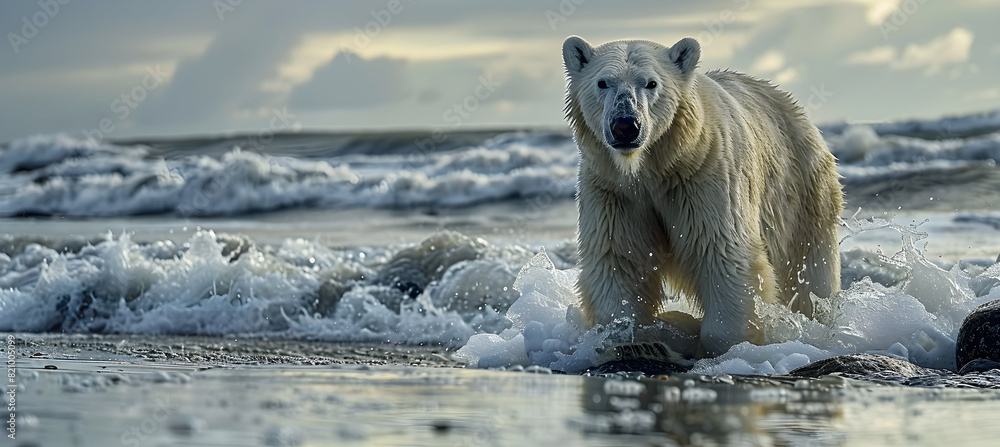 Polar bear, ice bear on an arctic shore, surrounded by melting icebergs ...