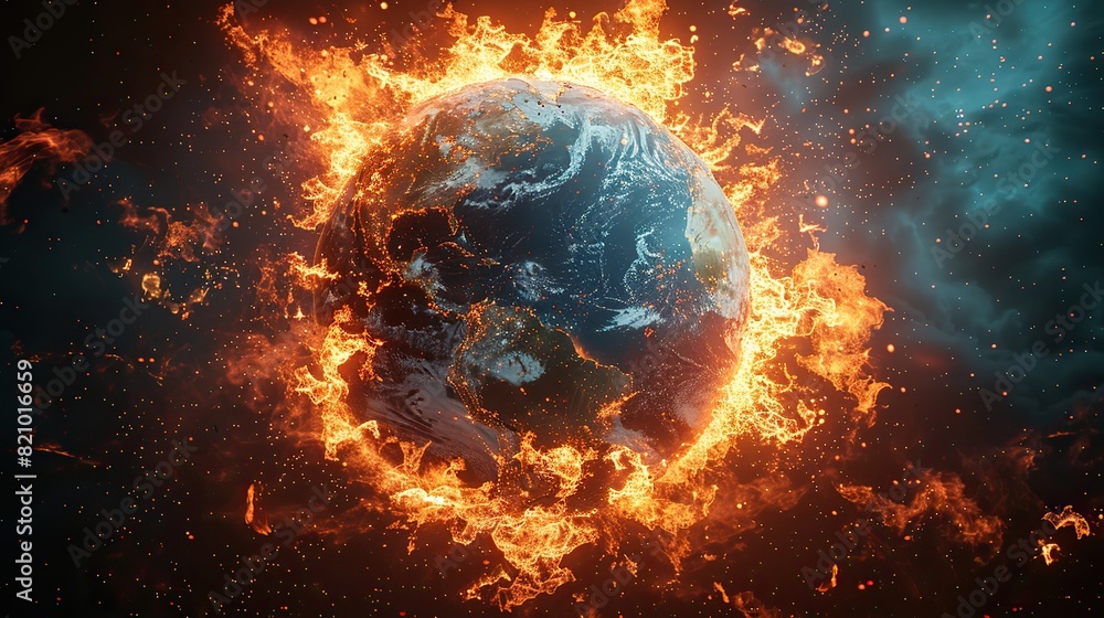 earth globe burning into flames the world destroyed by fire conceptual ...
