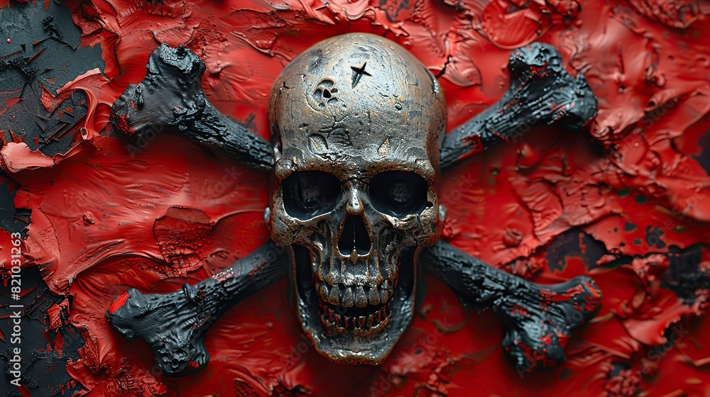 metallic skull pirate pin on a waving red and black flag hacker emblem ...