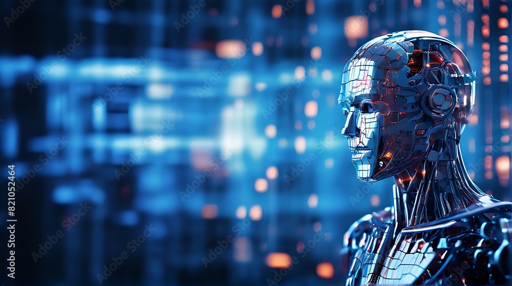 Artificial Intelligence robot of Neon Code Matrix, blurry background ...