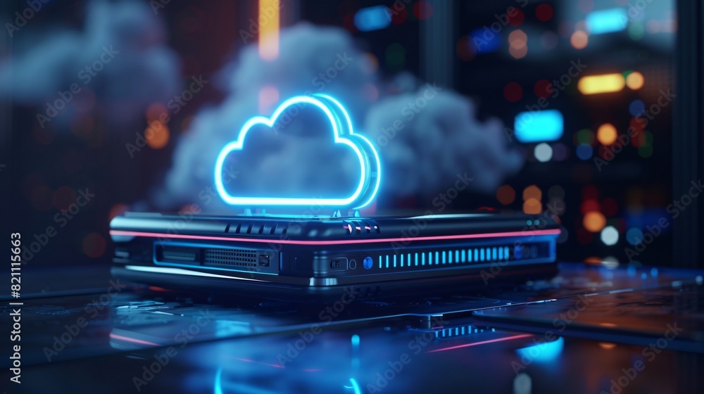 Futuristic cloud computing technology concept with neon cloud icon over servers in data center ...