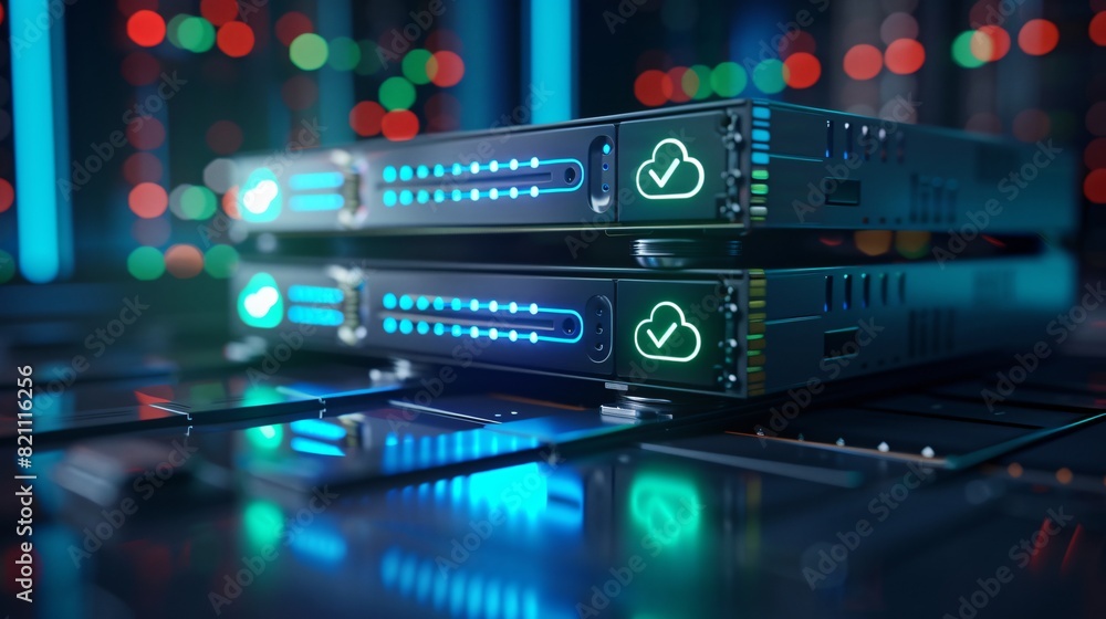 Modern server racks with cloud storage icons in a data center. High ...