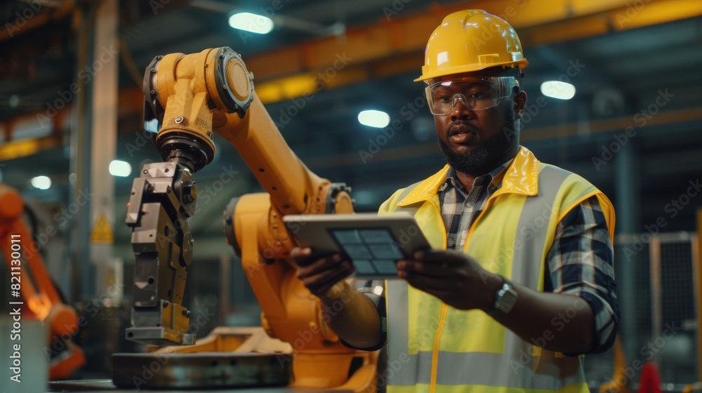 Engineer wearing safety vest and hardhat, programming robot arm with ...