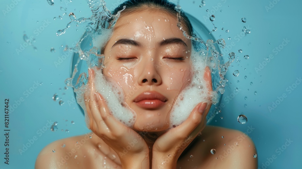 Water splash, skin care, and natural glow lady portrait on blue ...