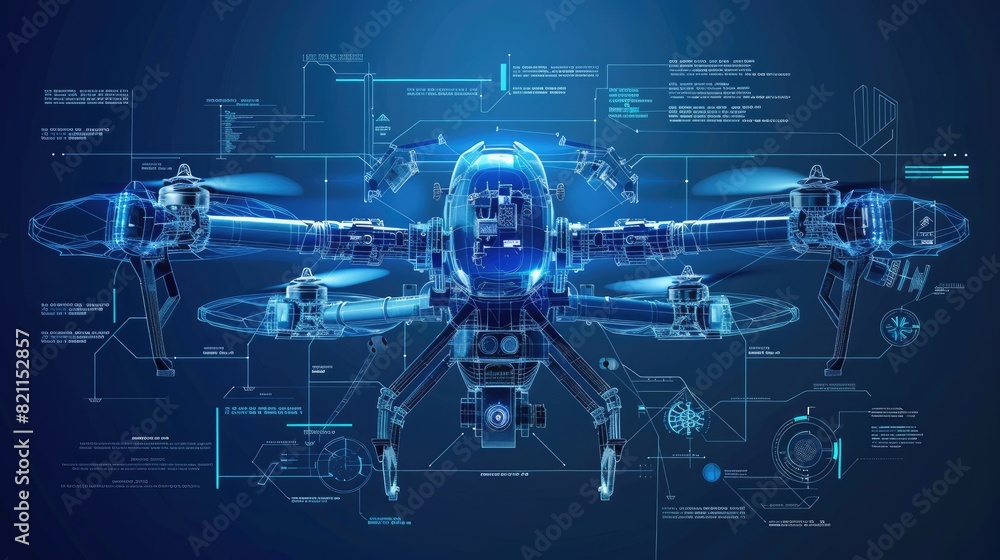 Futuristic drone blueprint illustration showcasing detailed engineering ...