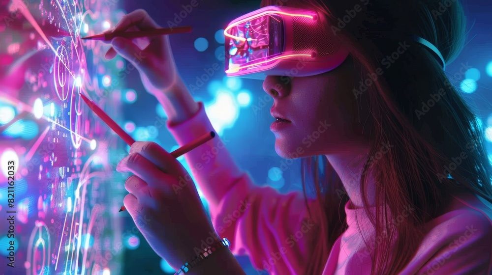 A young girl in augmented reality headset does abstract lines and ...