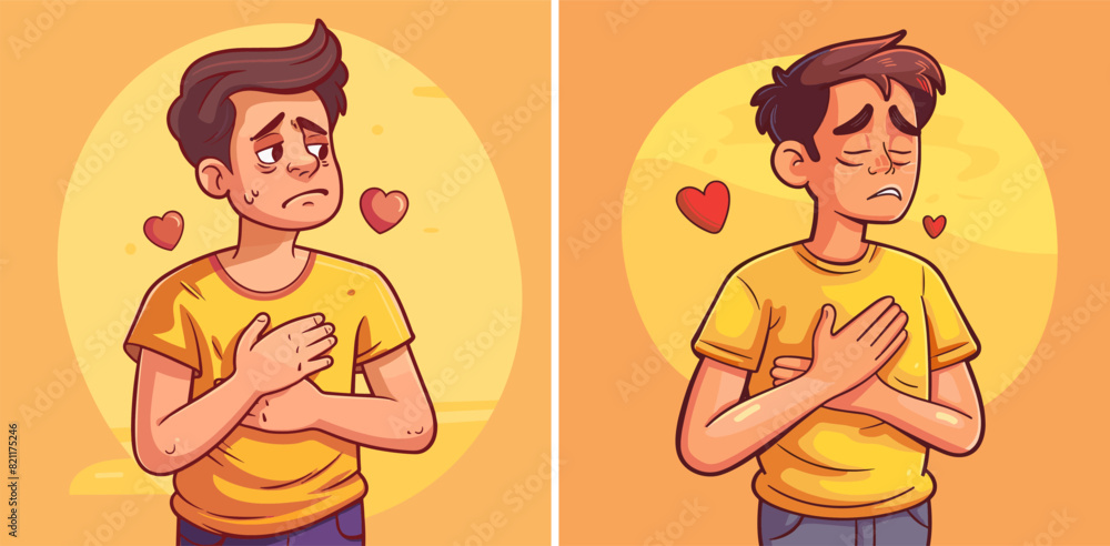 Chest pain cartoon vector scene. Man hands raised infection breathing ...