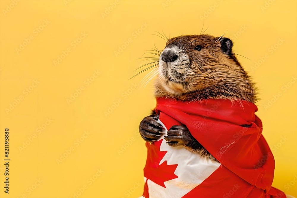 Beaver wrapped in Canadian flag on yellow background. Canada Day ...