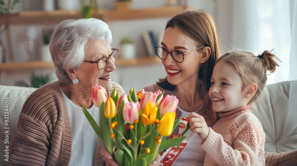 Family moment with three generations of women sharing tulips. Candid ...
