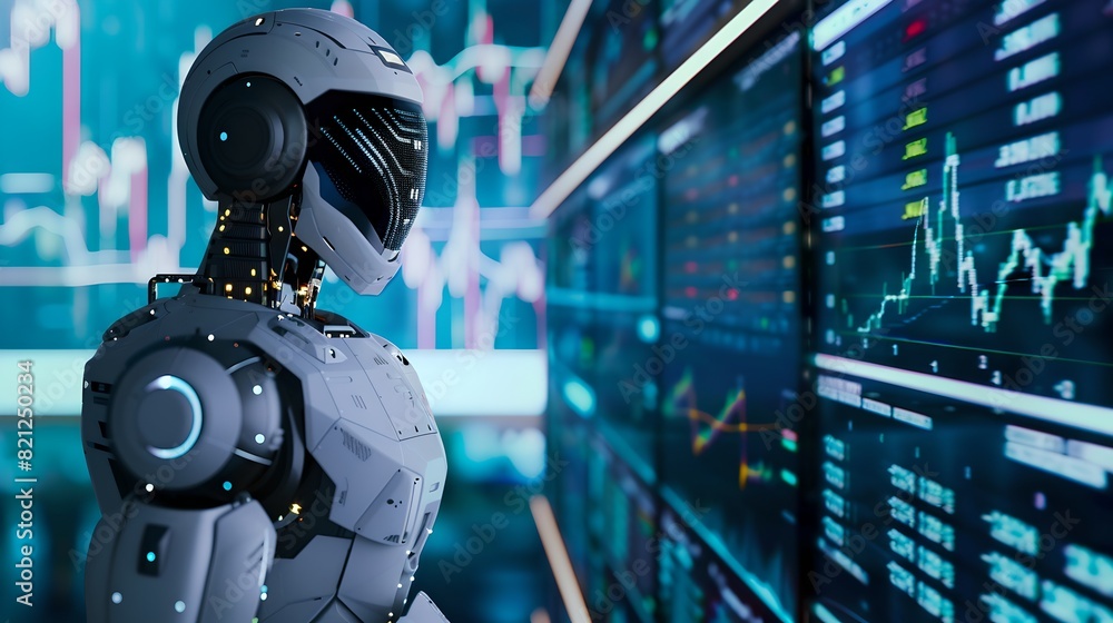 Futuristic AI Robot Analyzes Financial Data on Screens. Concept of artificial intelligence in ...