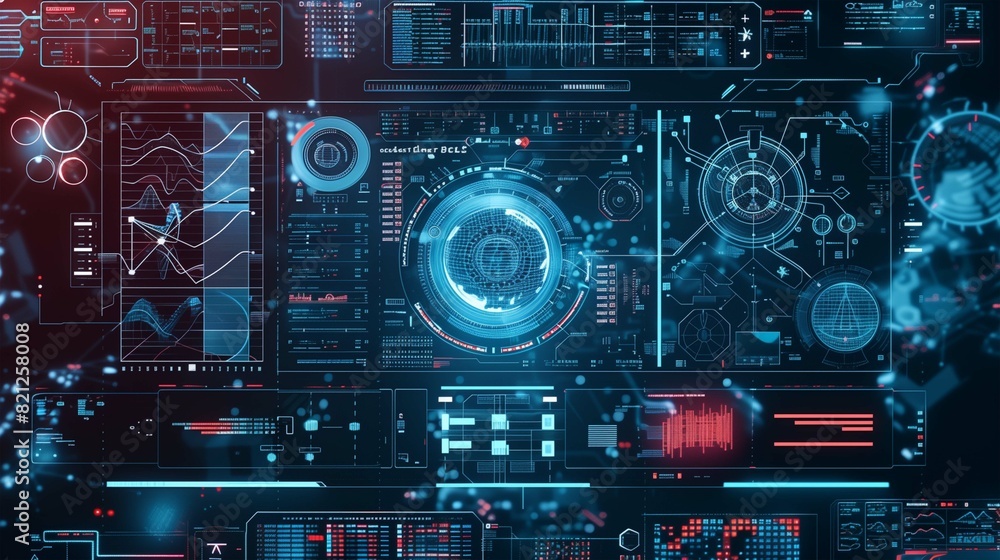 The interface of a futuristic artificial intelligence, displaying complex algorithms and data ...