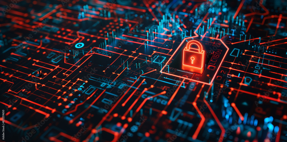 Cybersecurity network interface showing a digital fortress with advanced encryption and firewall ...