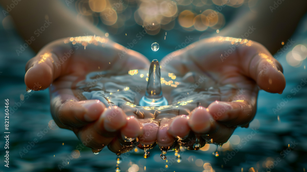 Hands wrapping a shining drop of water, holding it gently and ...