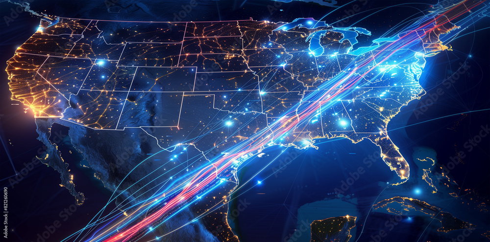High-speed rail network visualization, with streaks of light tracing ...