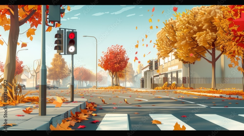 Cartoon autumn street landscape with sidewalk, traffic light and ...
