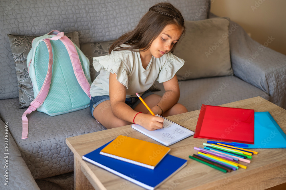 Young Girl Doing Homework. Beautiful Little Child At Home Learning ...