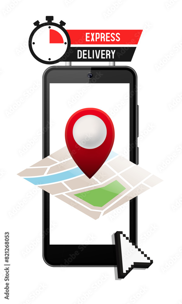 Express delivery concept. Smartphone with an open city map and a pin on ...