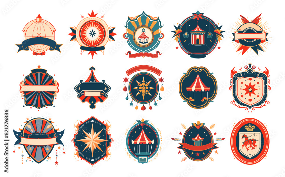 Circus logos cartoon vector set. Frames labels star arrows carnival ...