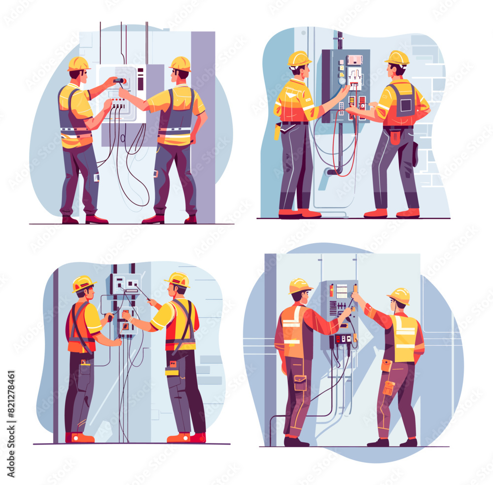 Electricians cartoon vector scenes. Mens workers overalls helmets ...