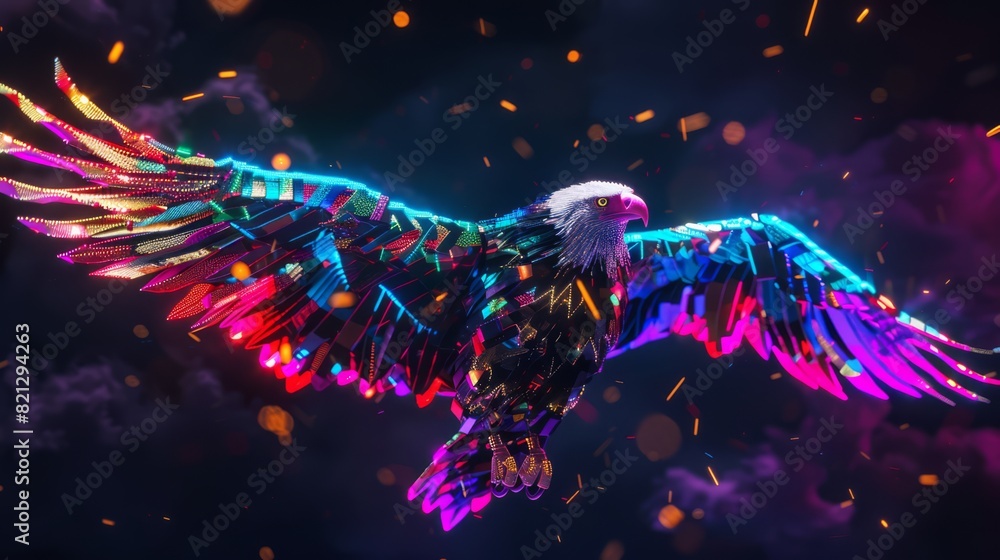 Dark neon robotic bald eagle flying alit with colorful neon lights ...