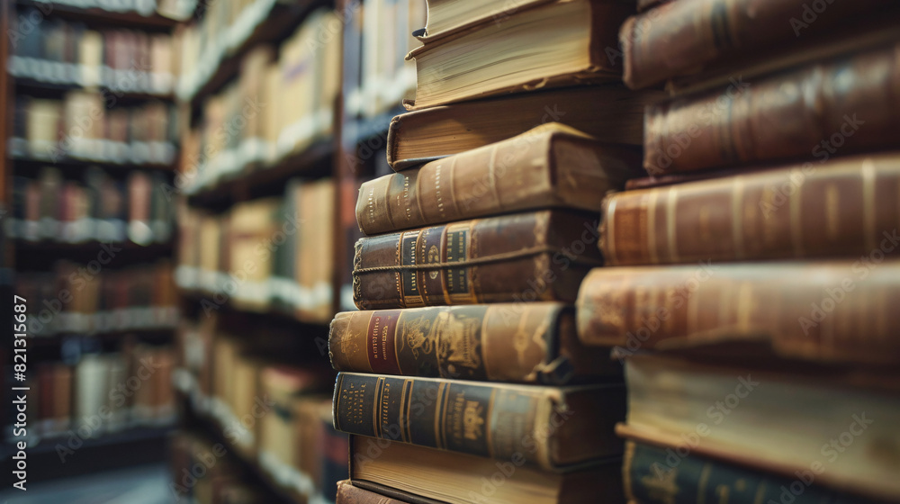 Stacked Antique Books in Library. Vintage books piled high in a library ...