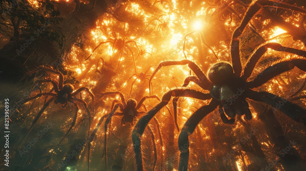 Creepy giant spiders in a misty forest - An atmospheric image depicting ...