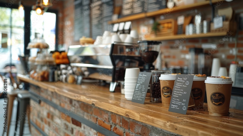 Charming modern coffee shop interior with a wooden counter, displaying ...