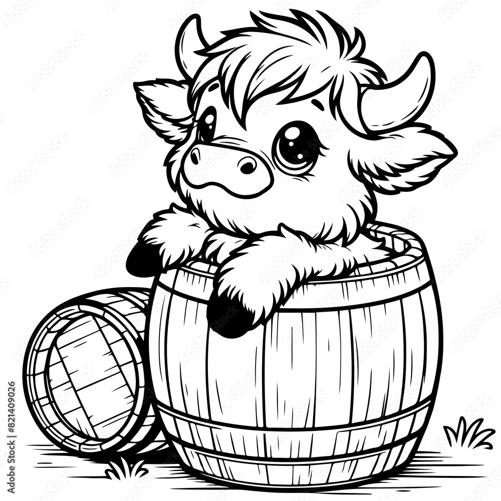 Baby Highland Cow in Barrel Coloring Page Stock Illustration | Adobe Stock