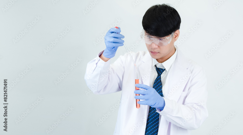 Portrait asian man student scientist or doctor look hand holding ...