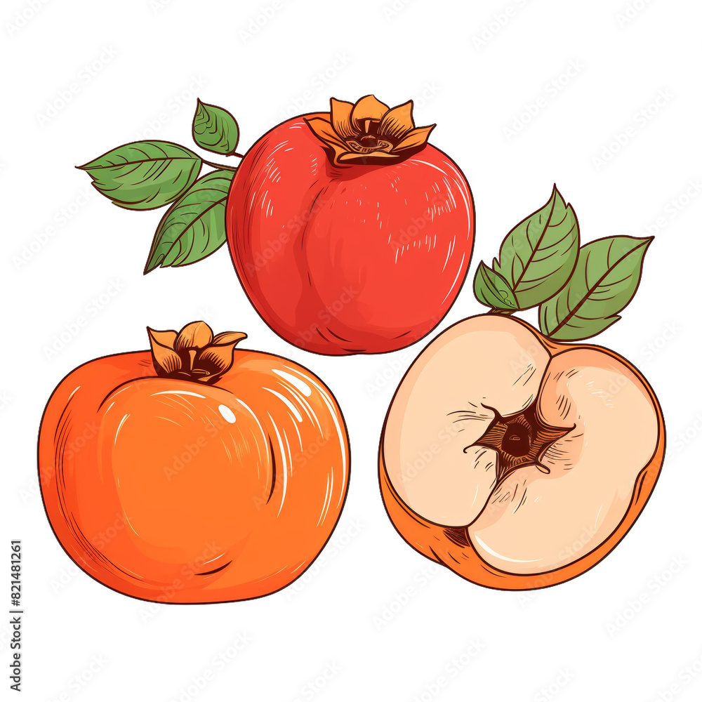 Three persimmons of different ripeness levels, with green leaves., png ...